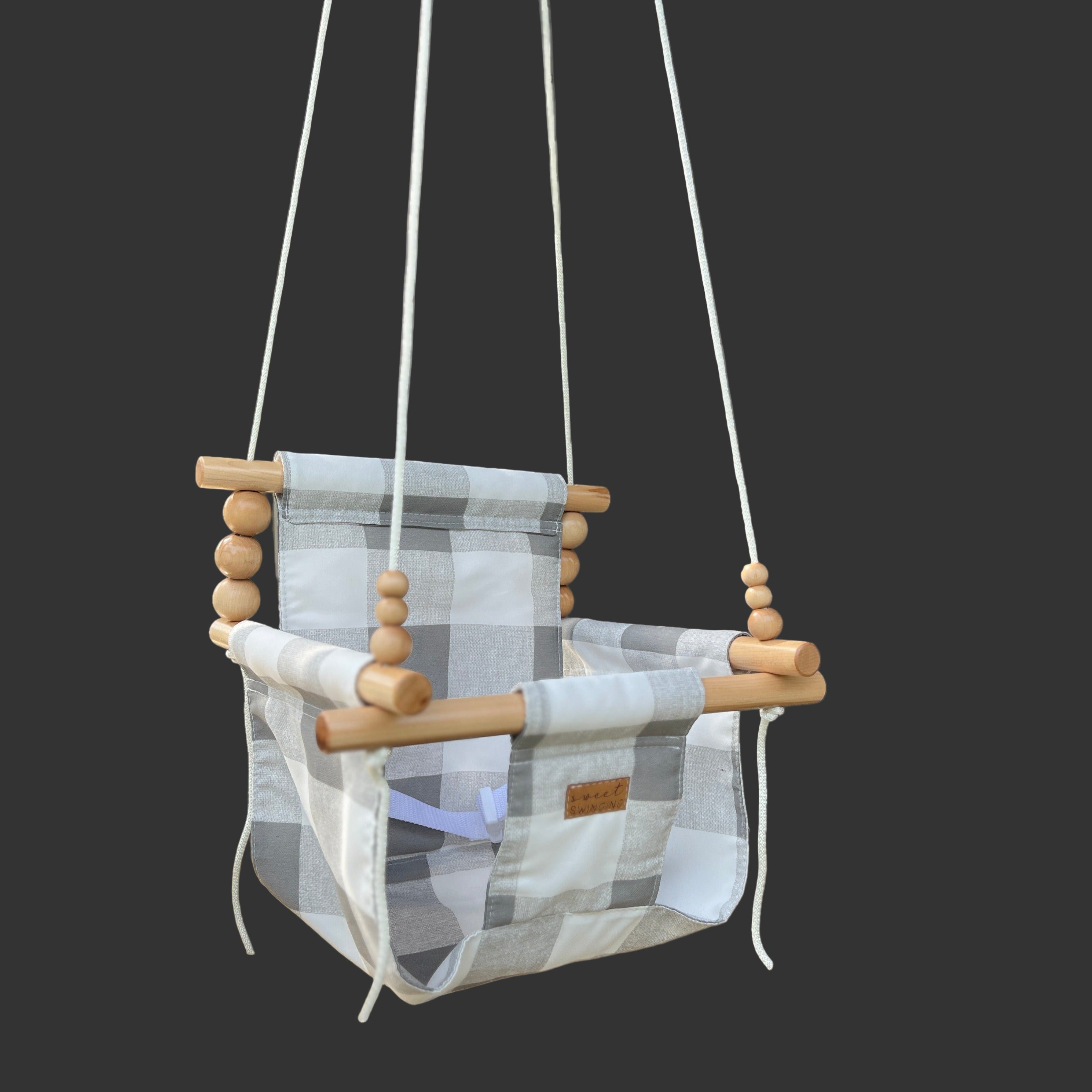 Outdoor Baby Swing – Gray Buffalo Check High Back Swing – Sweet Swinging